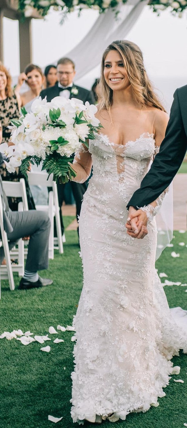 C2024-LSD66 - strapless wedding gown with sheer 3D lace arm pit gloves ...
